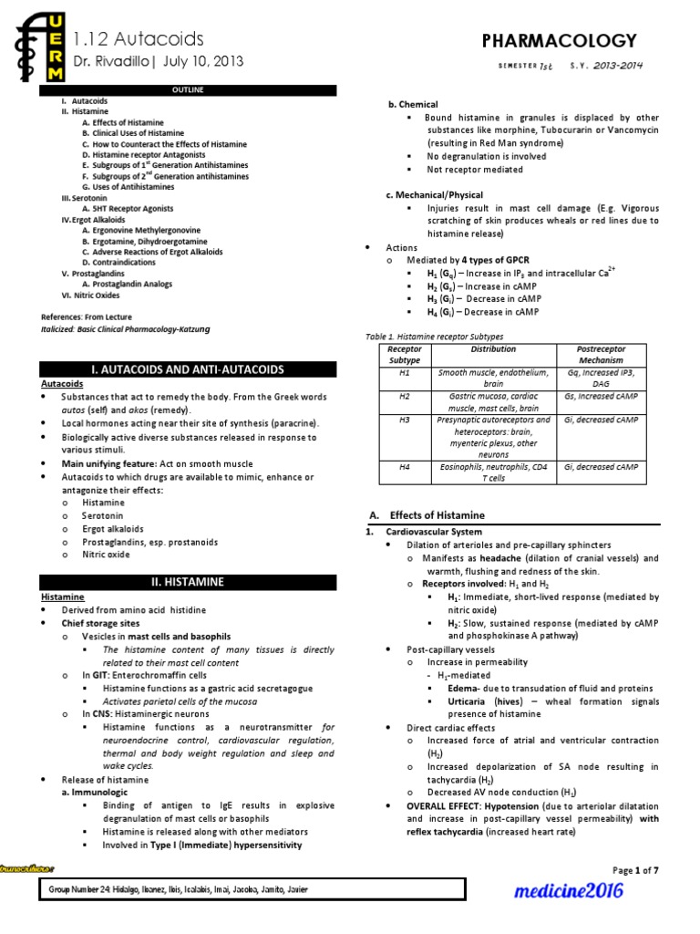 Autacoids and Antihistamines Overview | PDF | Pharmacology | Clinical ...