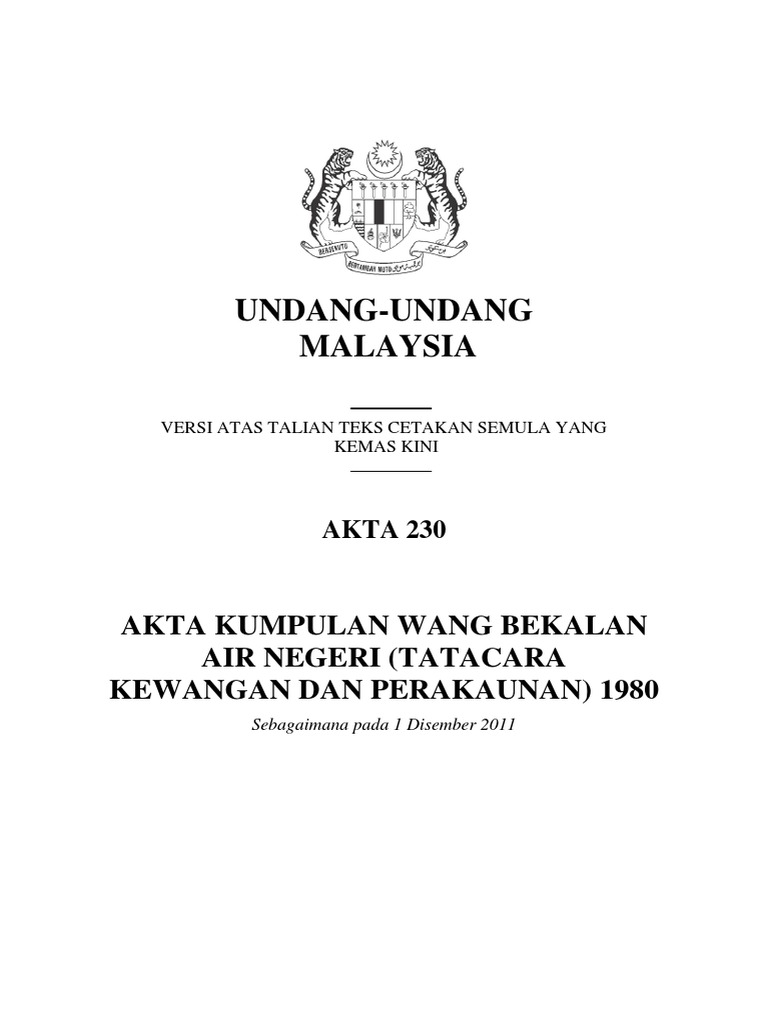 Akta 230 - Akta Kumpulan Wang Bekalan Air Negeri (Tatacara Kewangan Dan ...