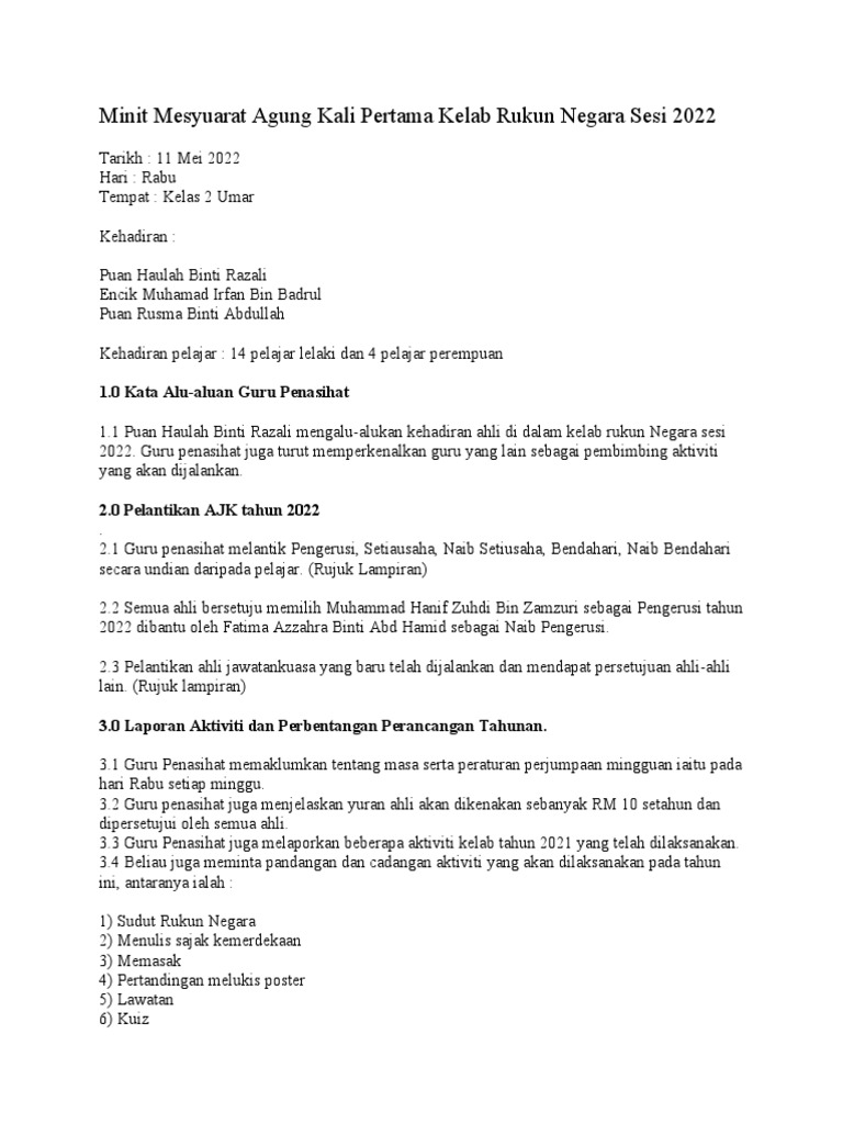 Minit Mesyuarat Kelab Rukun Negara 2022 | PDF