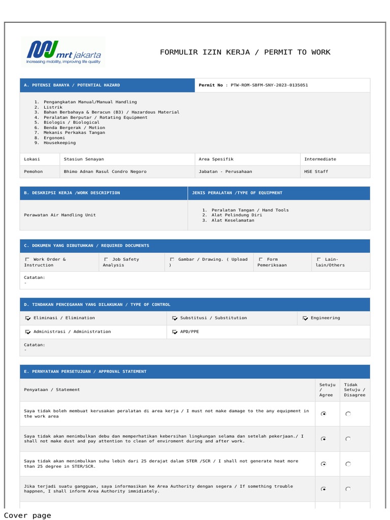 Formulir Izin Kerja / Permit To Work: Permit No: PTW-ROM-SBFM-SNY-2023-0135051 | PDF