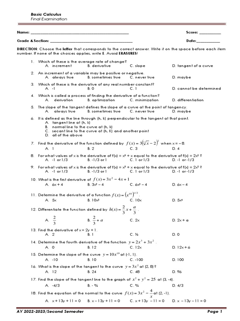 BCal FinalExam | PDF | Tangent | Derivative