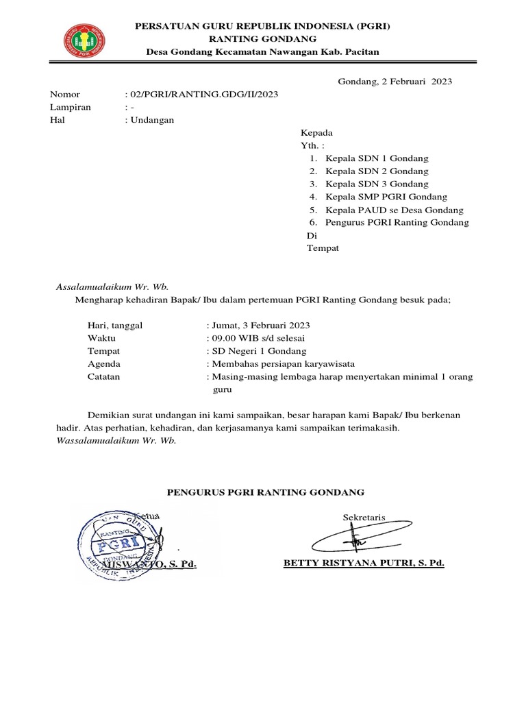 Surat Undangan Pertemuan Pgri | PDF
