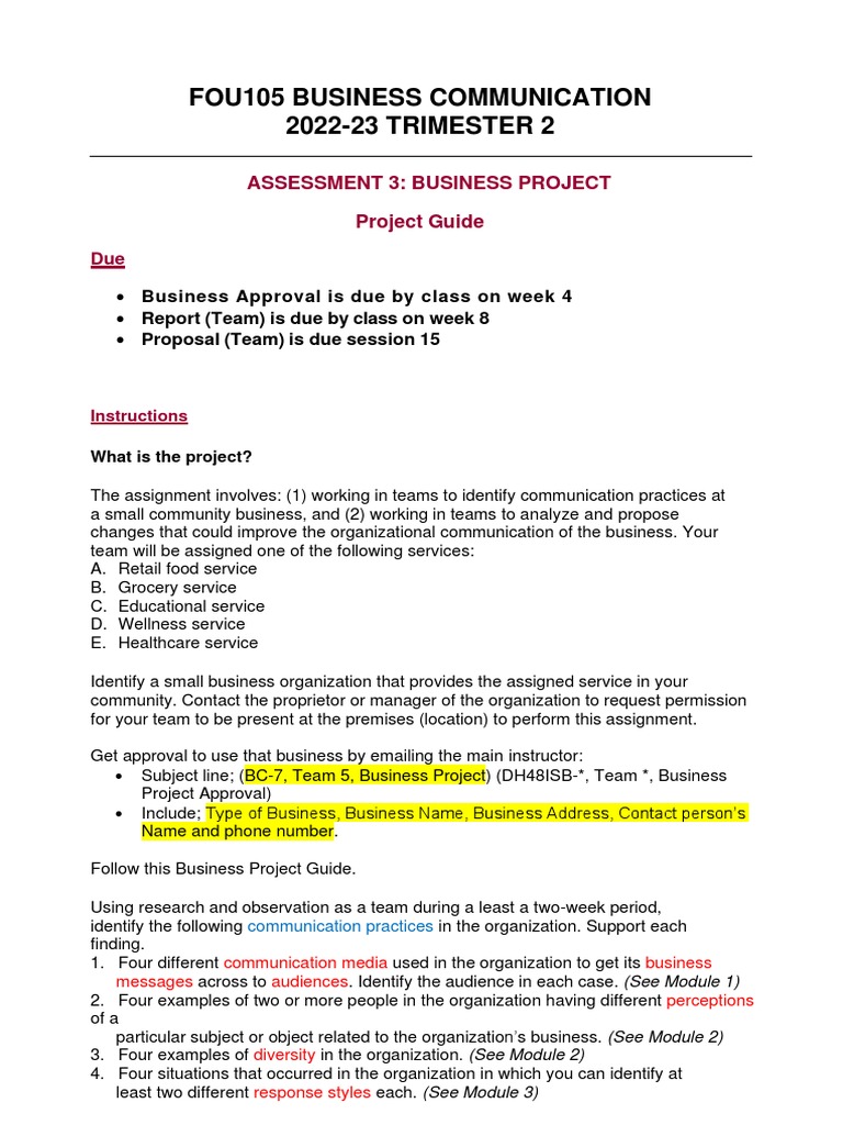Business Communication 2022-23 T2 - Project Guide - Proposed | PDF ...