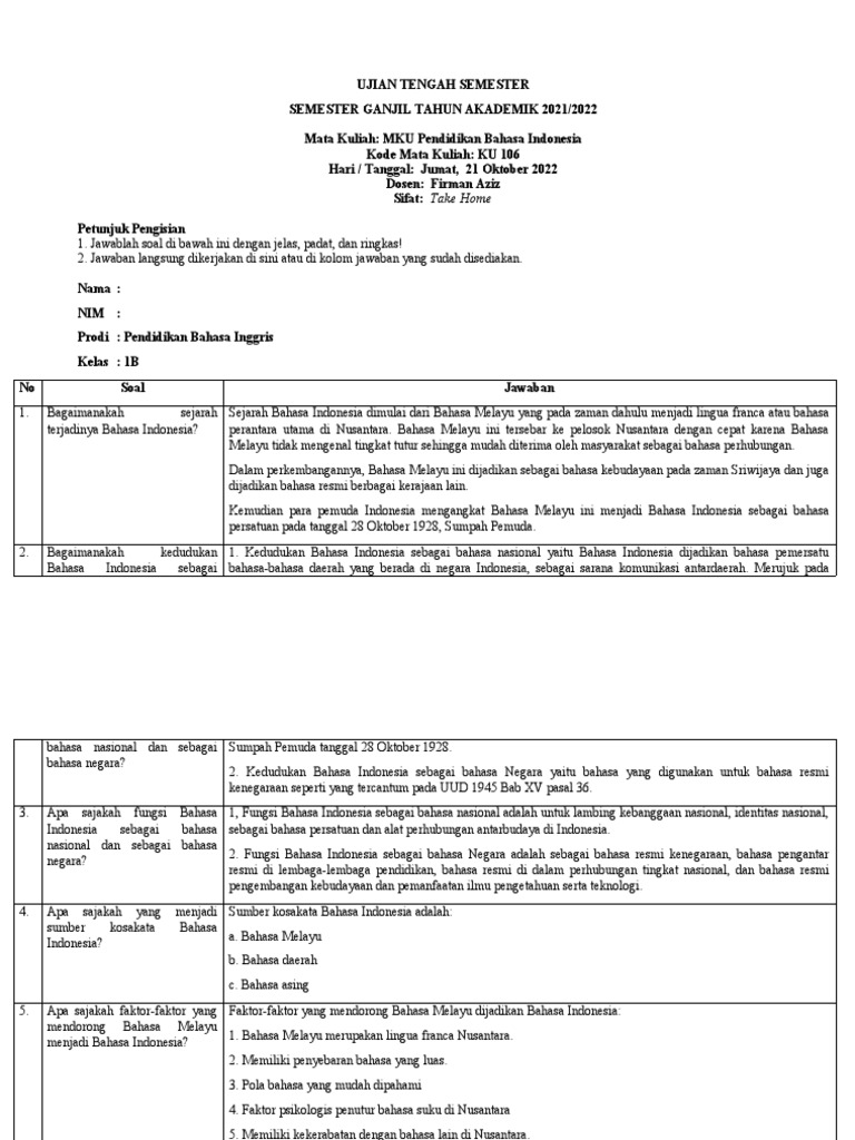 Ujian Bahasa Indonesia 2021/2022 | PDF | Karier & Perkembangan | Seni & Disiplin Bahasa