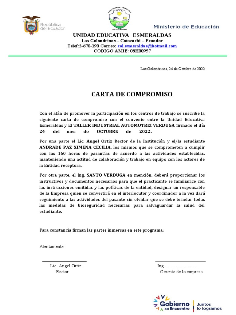 Carta de Compromiso Unidad Educativa y Entidad Receptora - 080818 | PDF