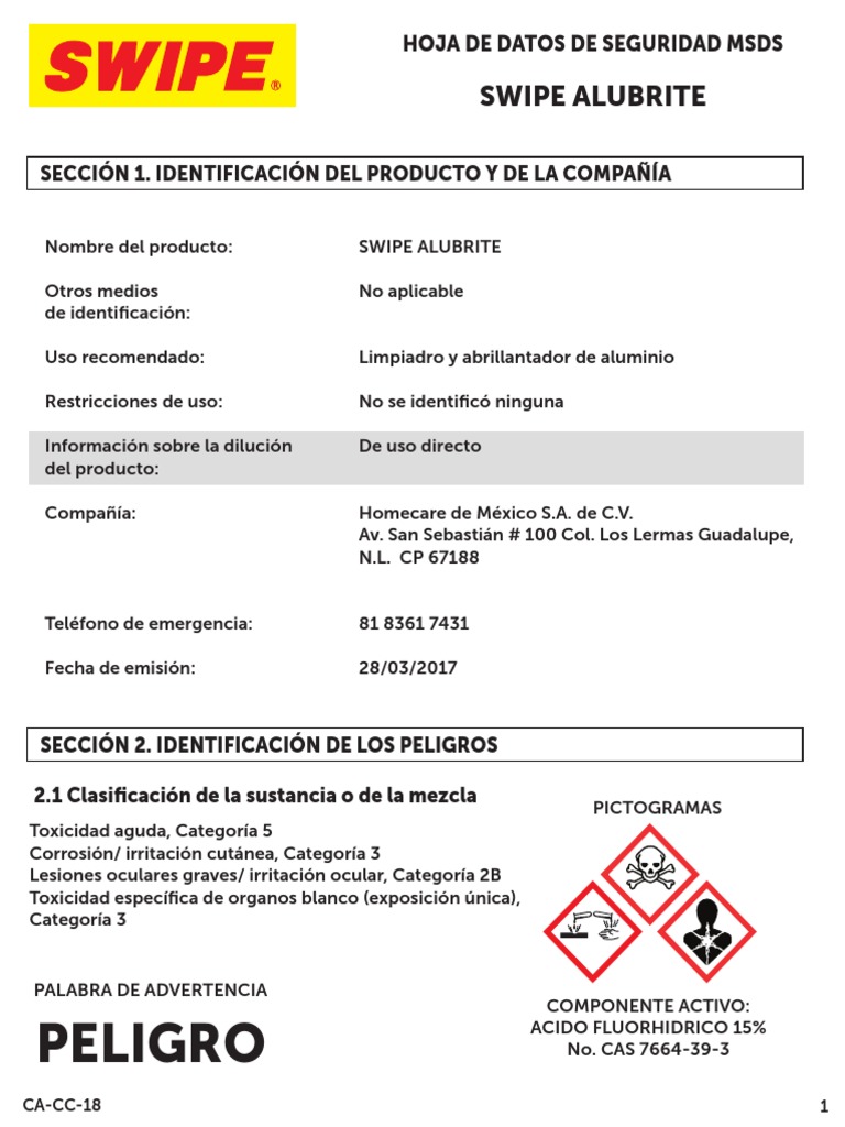 Hoja de datos de seguridad para Swipe Alubrite | PDF | Reciclaje | Residuos