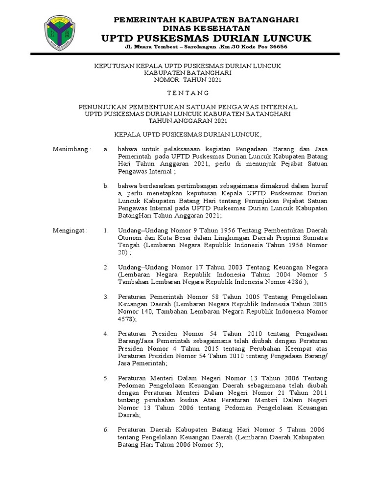 SK Pengawas Internal 2021 | PDF | Pengelolaan Keuangan & Uang