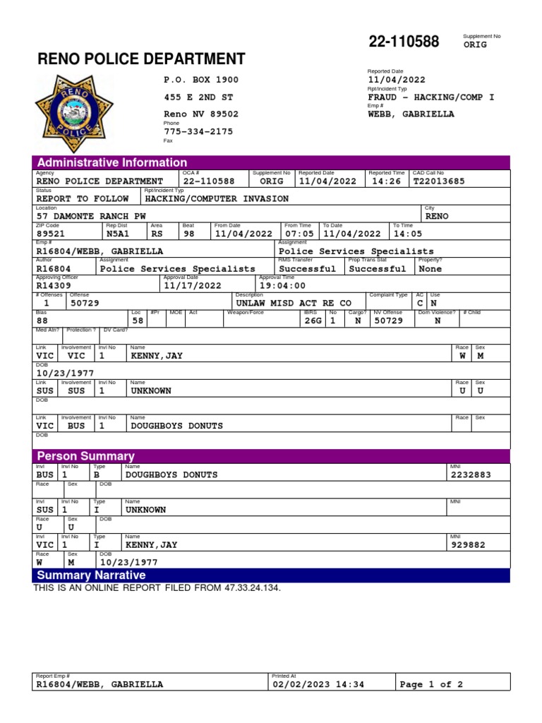 22-110588 Reno Police Department: Administrative Information | PDF