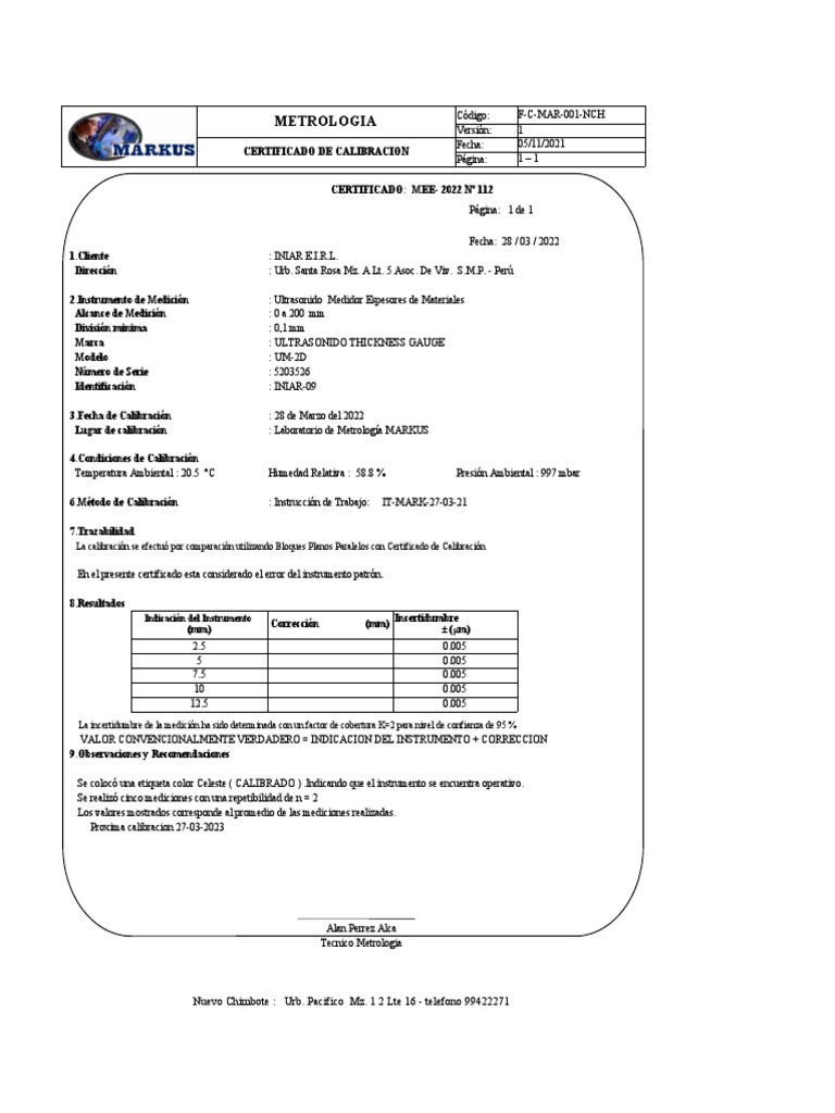 Certificado de Calibración de Ultrasonido | PDF | Calibración | Metrología