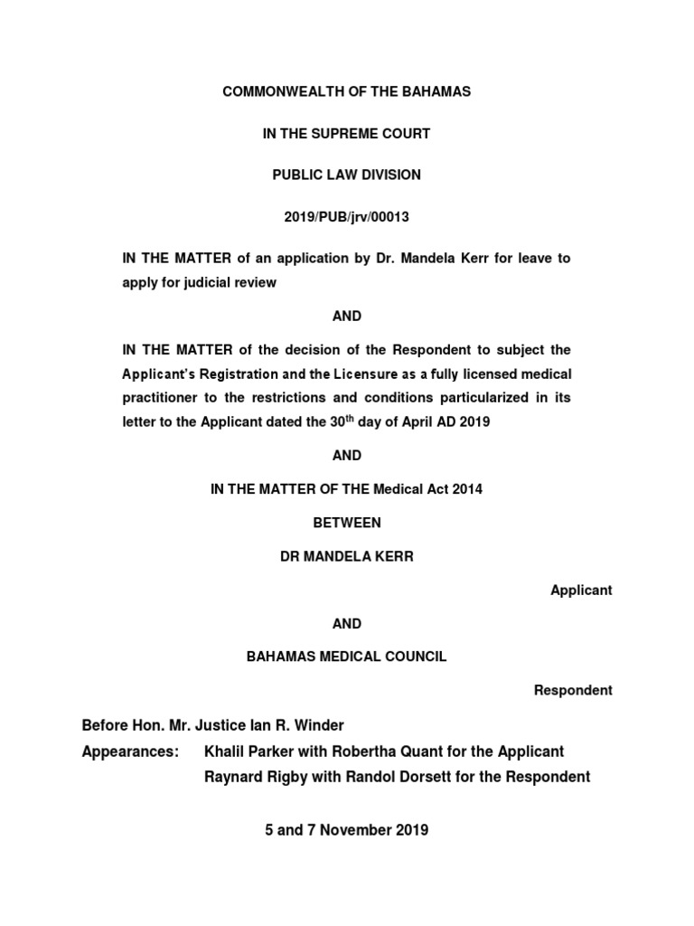 DR Mandela Kerr V Bahamas Medical Council DR Mandela Kerr V | PDF | Licensure | Physician