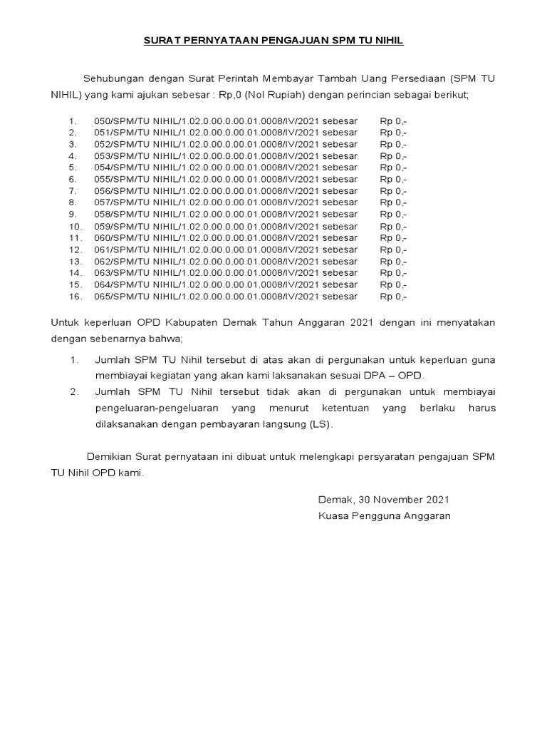 Surat Pernyataan Pengajuan SPM Tu Nihil | PDF