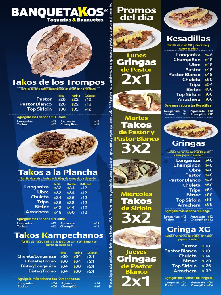 Banquetakos Menú 2022 Sin Refresco | PDF | filete | Cocina de las Americas