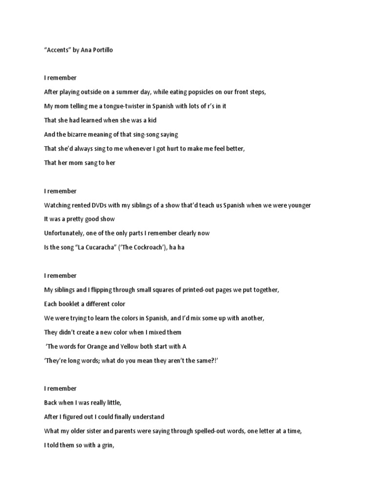 Accents Poem by Ana Portillo | PDF | Accent (Sociolinguistics)