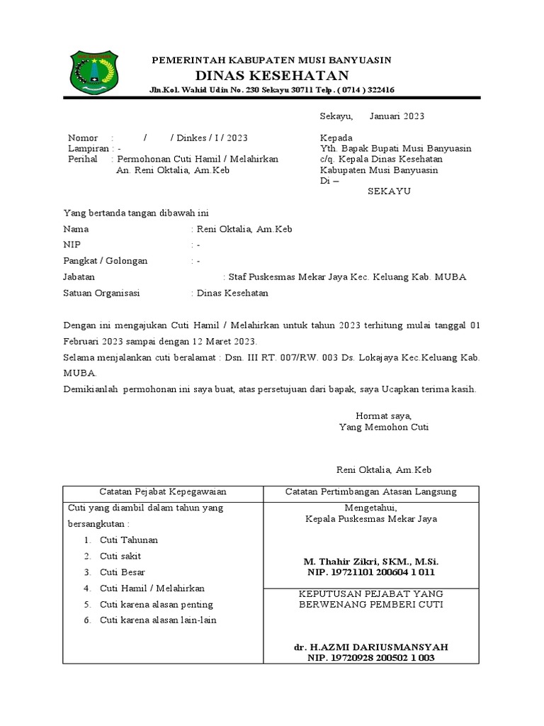 Surat Izin Cuti Melahirkan | PDF