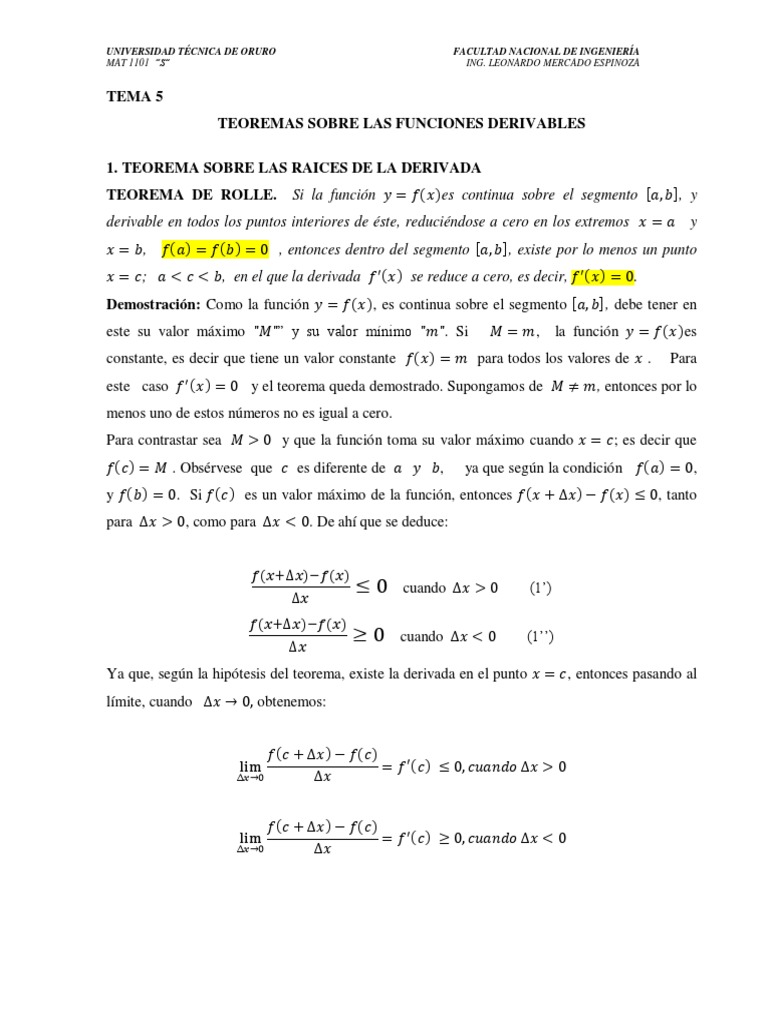 Teoremas de Funciones Derivables | PDF | Análisis | Conceptos matemáticos