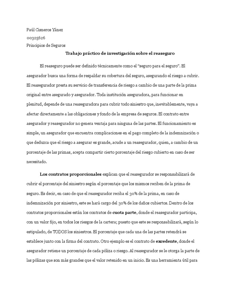 Trabajo Práctico de Investigación Sobre El Reaseguro | PDF | Reaseguro | Seguro