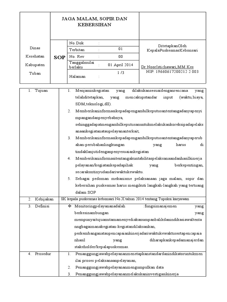 Sop Jaga Malam, Sopir Dan Kebersihan | PDF