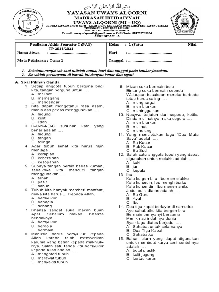 Soal PAS Tema 1 21-22 | PDF