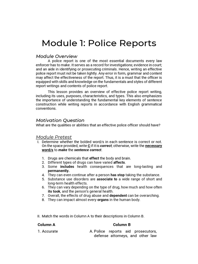 Module 1. Police Reports, Lesson 1.1 Introduction To Police Reports Module 1 | PDF | Complaint ...
