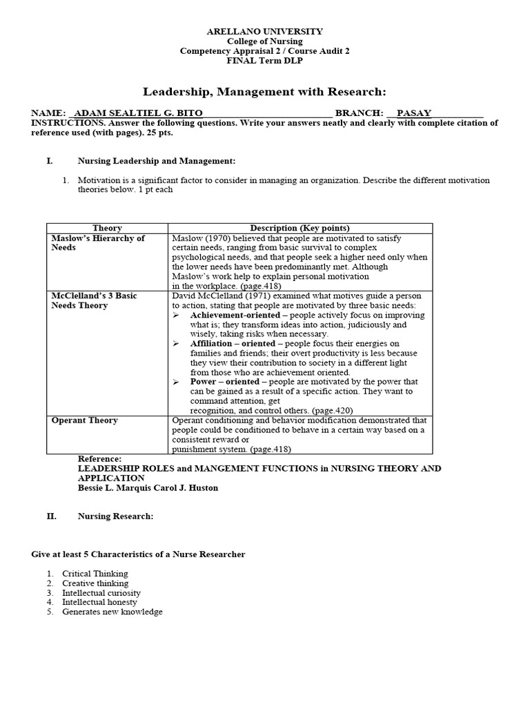 Ca2 DLP 1 Leadership Management Adam Sealtiel Gloria Bito Arellano University | PDF | Motivation ...