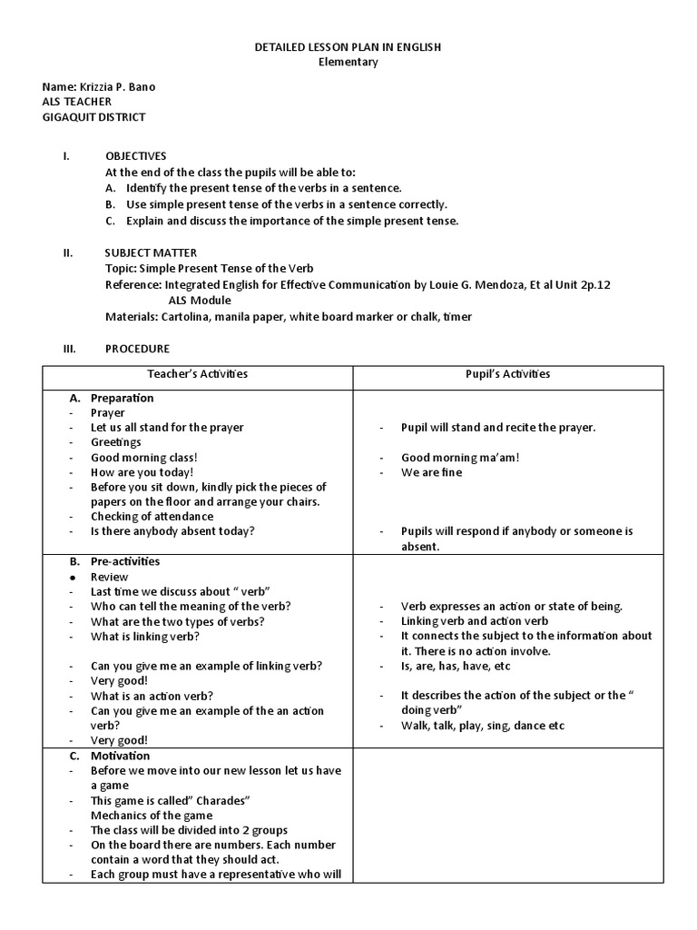 DETAILED LESSON PLAN IN ENGLISH 5 Present Tense | PDF | Verb | Linguistics