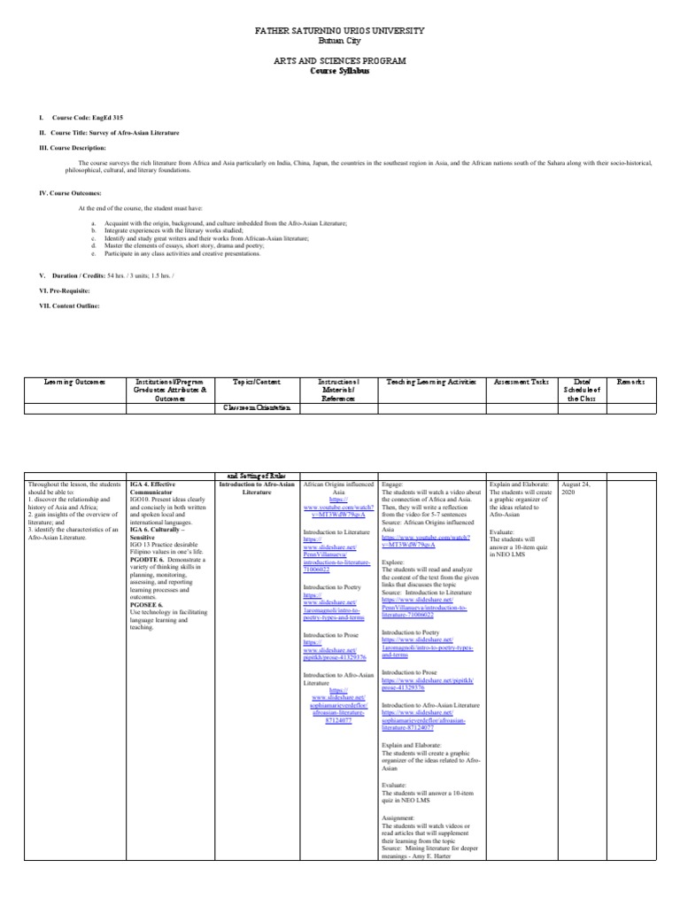 Survey of Afro-Asian Literature Syllabus | PDF | Learning
