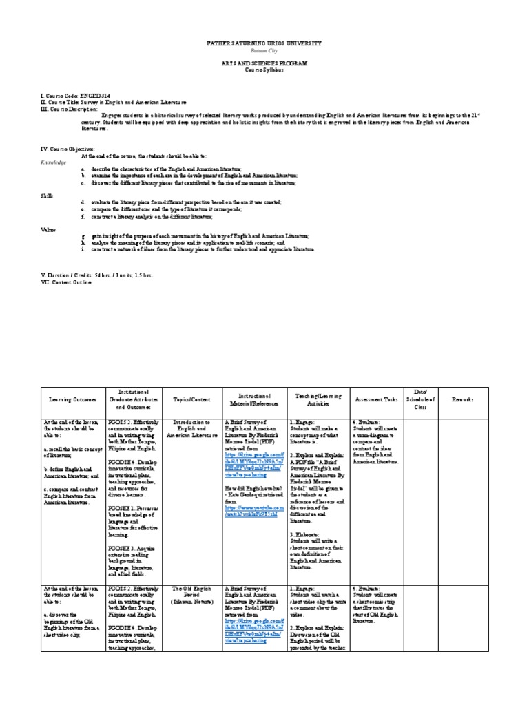 Survey of English and American Literature: A Course Syllabus | PDF ...