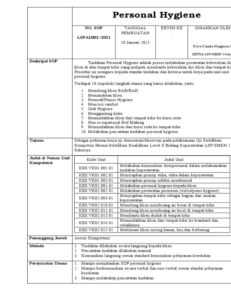 SOP Personal Hygiene | PDF