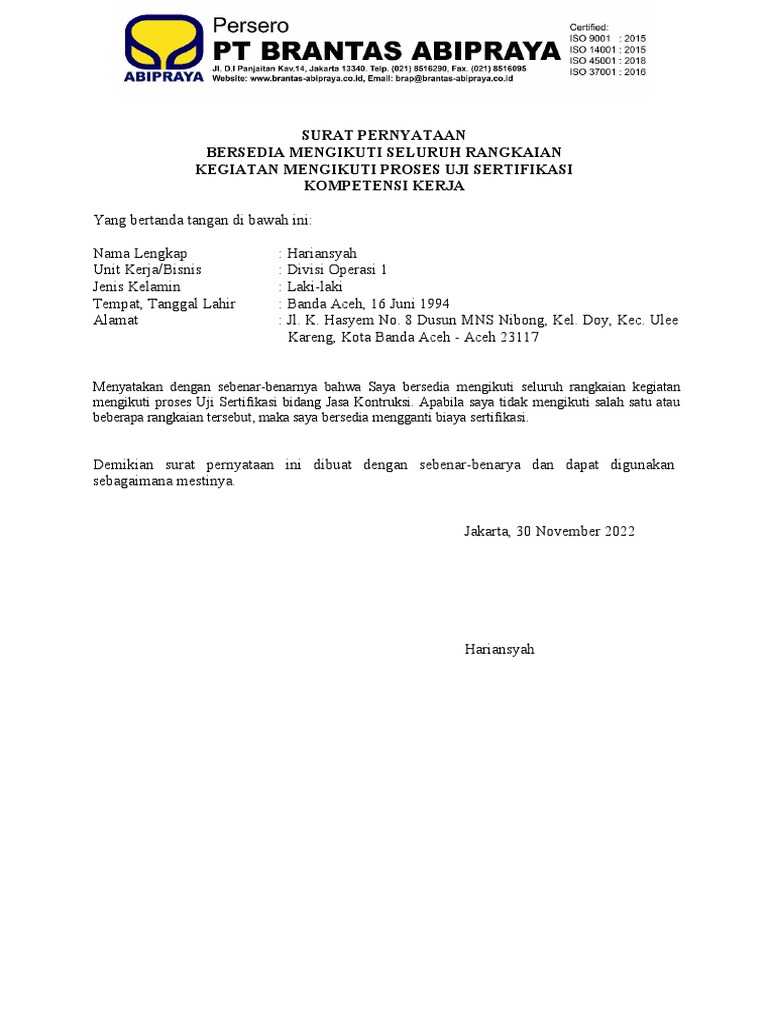 Surat Pernyataan Bersedia Mengikuti Uji SKK | PDF