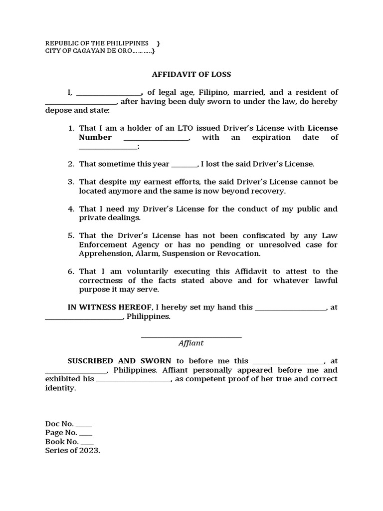 Affidavit of Loss (Driver's License) | PDF