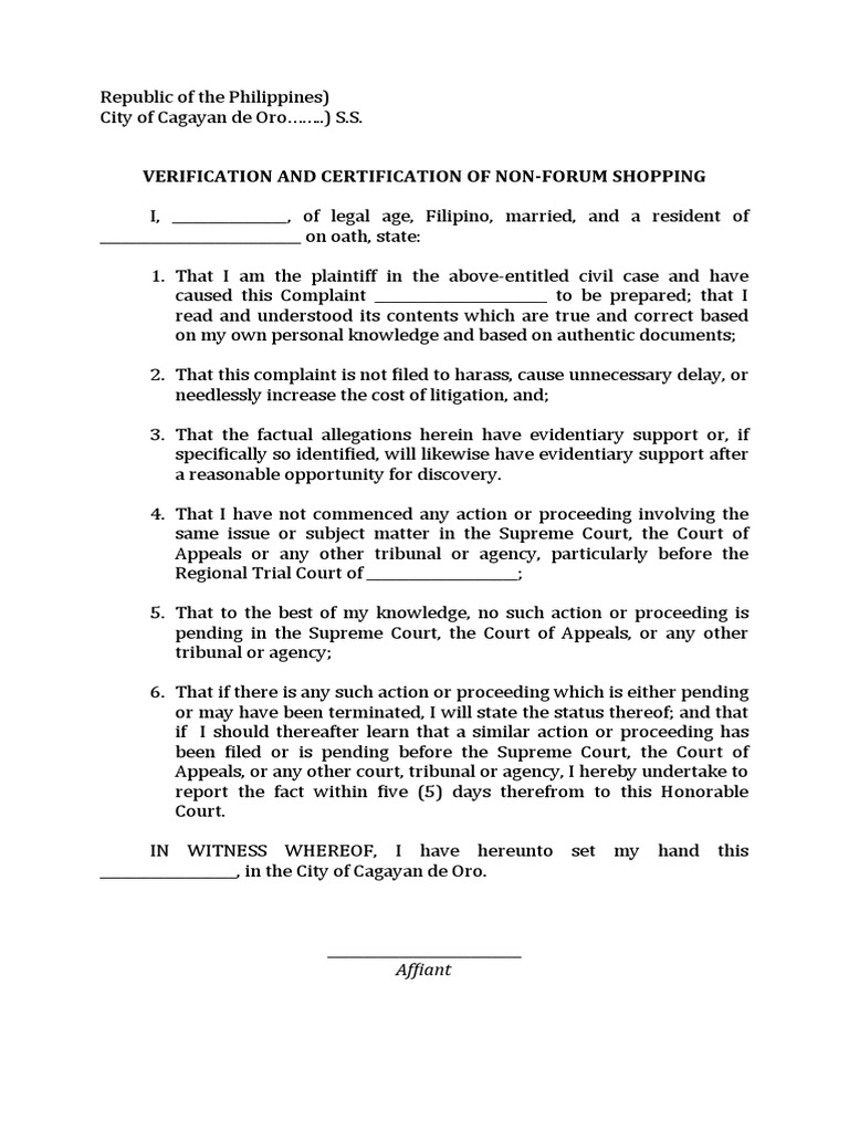 Verification & Non-Forum Shopping Affidavit | PDF