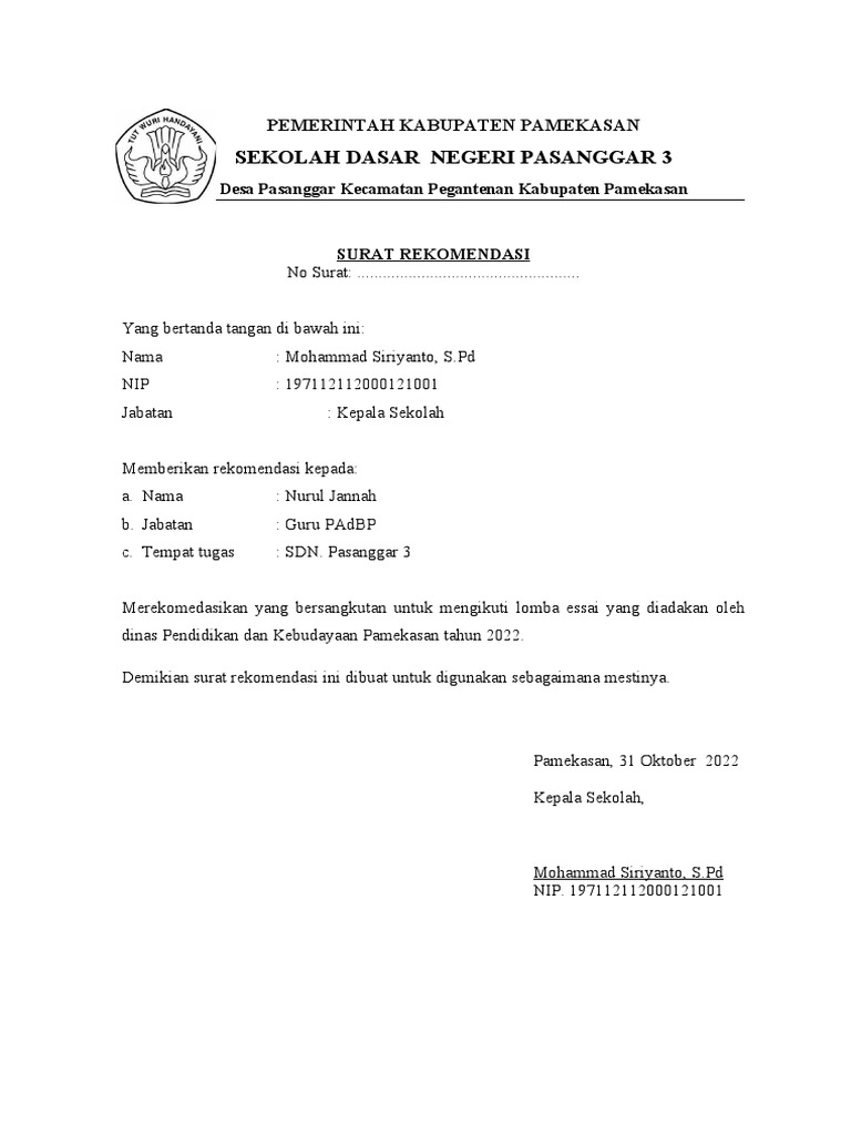 Surat Rekomendasi Kepala Sekolah | PDF