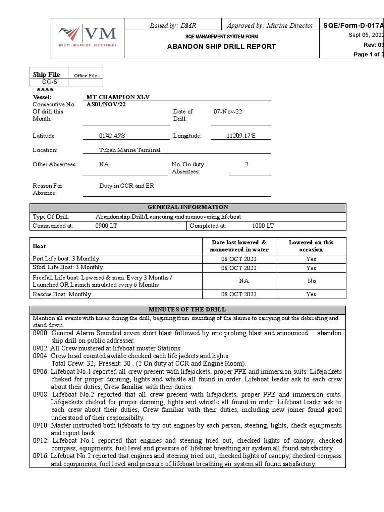 Abandon Ship Drill Report | PDF | Equipment | Water Transport