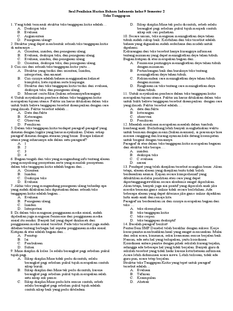 Soal PH Teks Tanggapan Kelas 9 | PDF