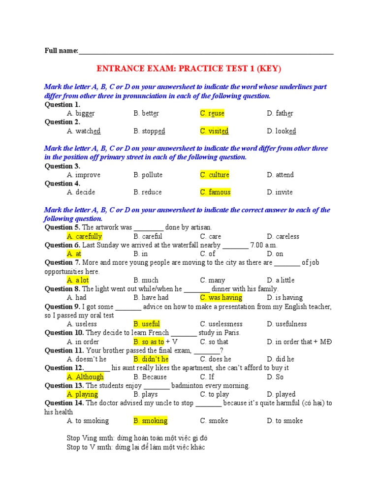 Entrance Exam Practice Test 1 KEY - Grade 9 | PDF