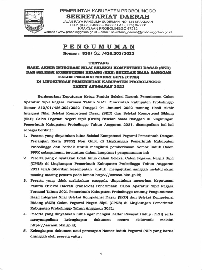 Pengumuman Hasil Akhir Integrasi Nilai SKD SKB CPNAS Kab Probolinggo Tahun 2021 | PDF
