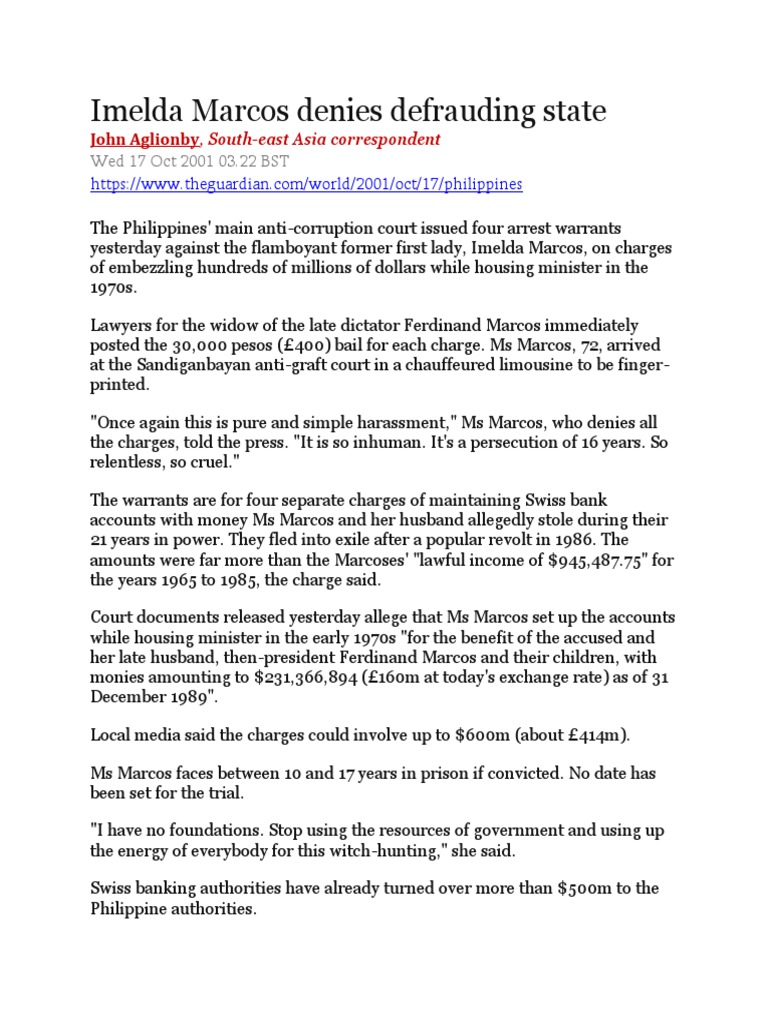 Imelda Marcos Faces Embezzlement Charges | PDF | Crimes | Crime & Violence