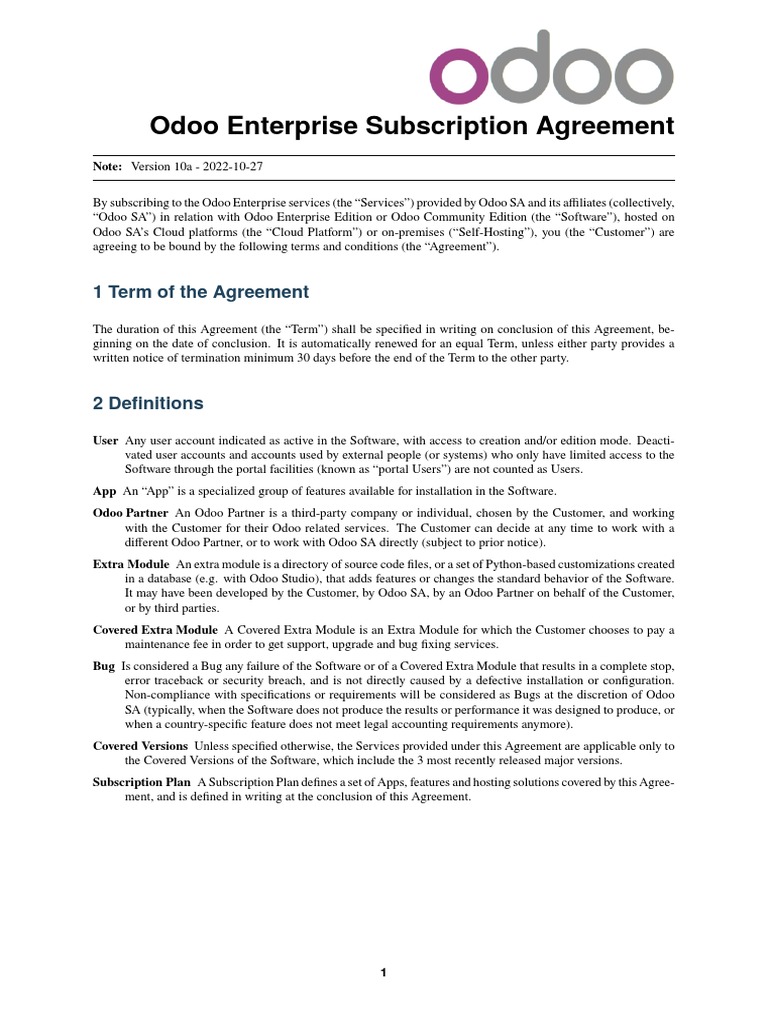 Odoo Enterprise Agreement | PDF | License | Cloud Computing