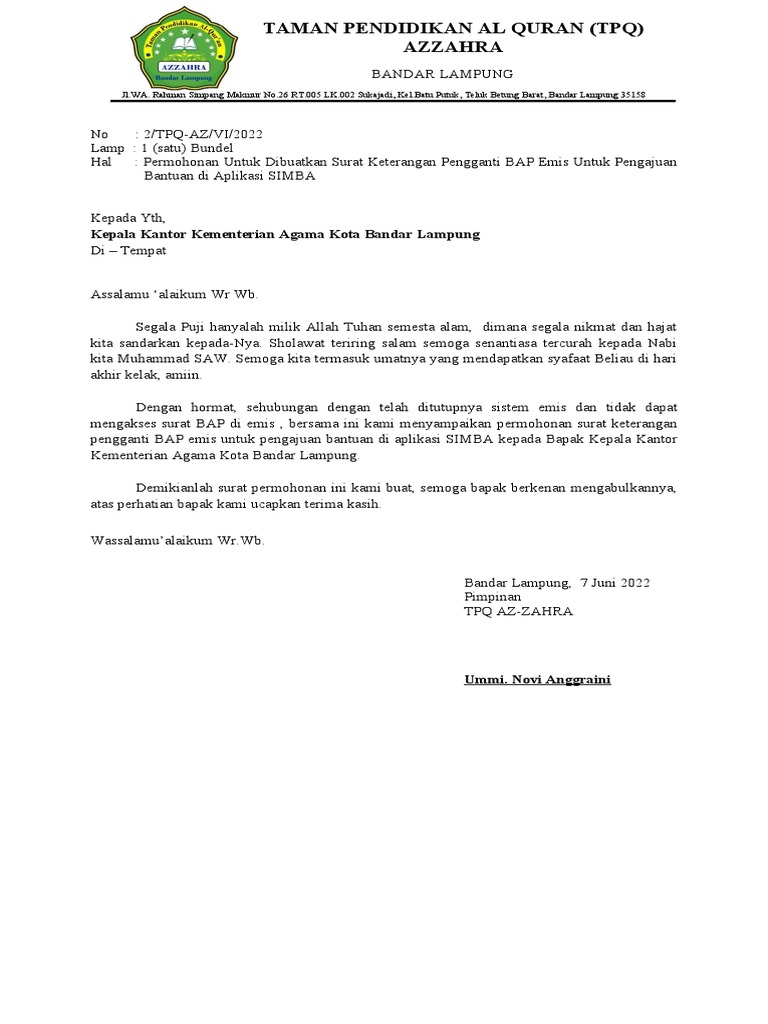 Surat Pengajuan Simba TPQ | PDF