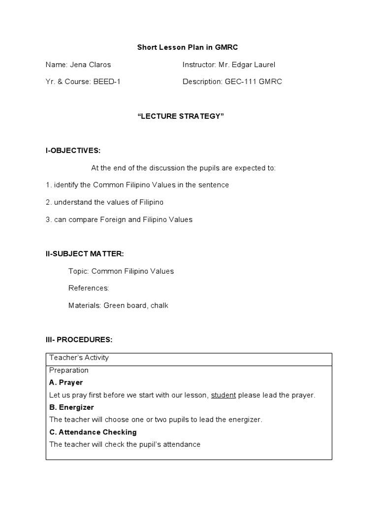 Short Lesson Plan 2 in GMRC | PDF