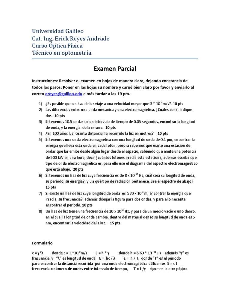 Examen Primero Parcial de F Sica Ptica 2022 | PDF