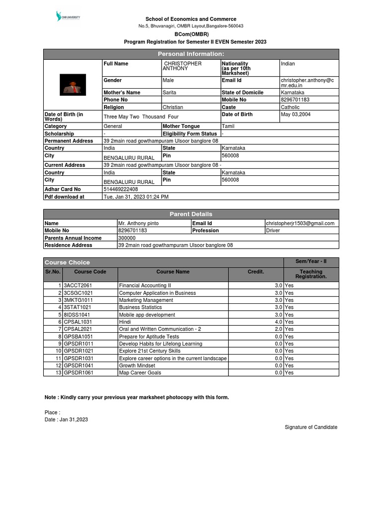 Personal Information:: No.5, Bhuvanagiri, OMBR Layout, Bangalore-560043 | PDF | Bangalore