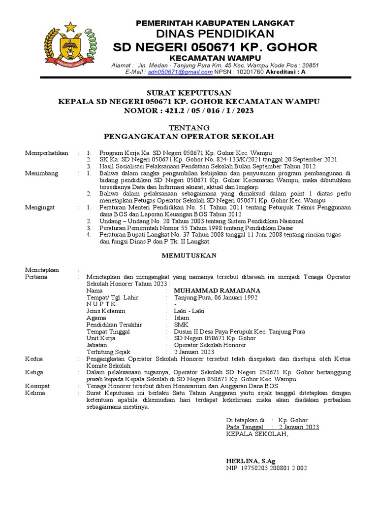 SK Operator Sekolah 2023 | PDF