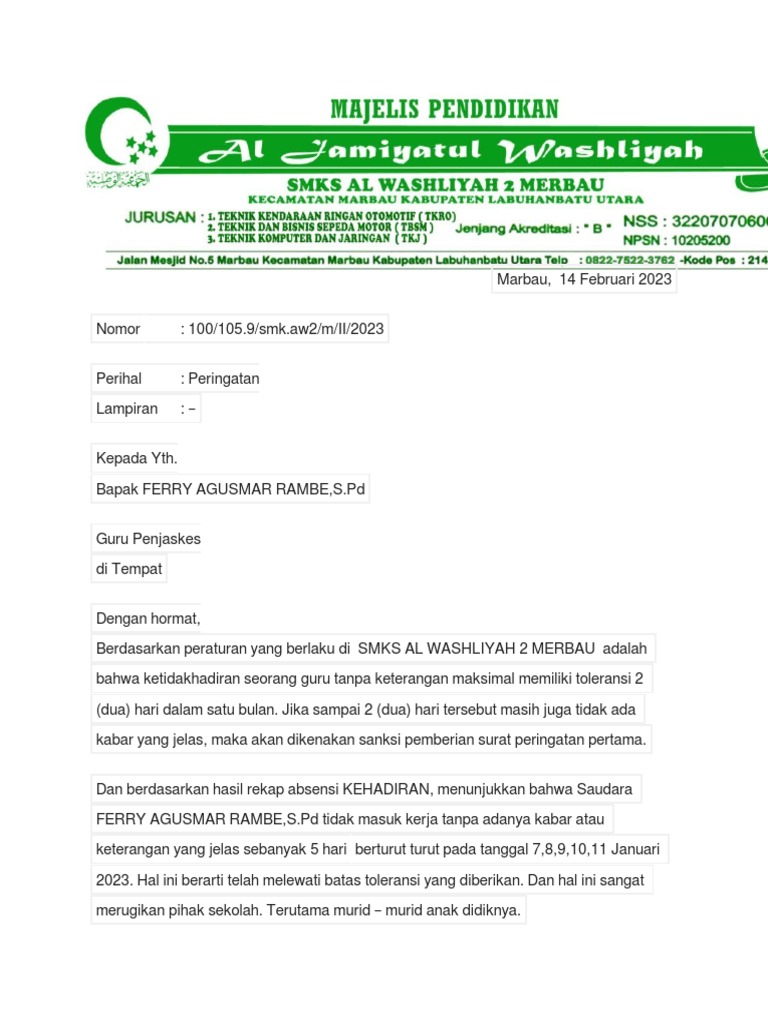 Contoh Surat Peringatan Buat Guru | PDF