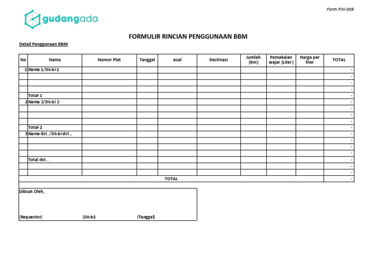 Formulir Rincian Penggunaan BBM (Form. FIN-009) | PDF