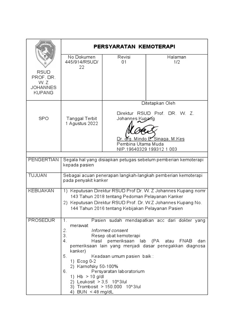 08.sop Persyaratan Pre Kemoterapi | PDF
