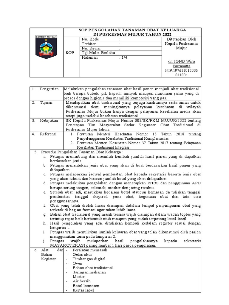 Sop Pengolahan Obat Tradisional Pdf