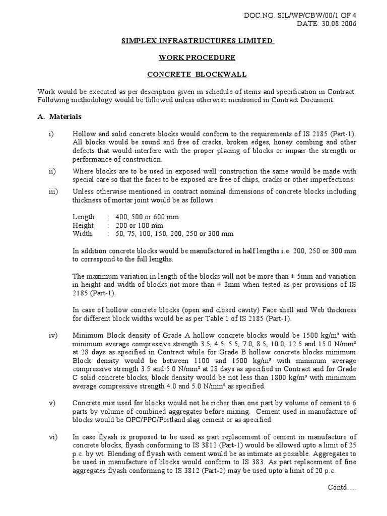 34 - (Li) WORK PROCEDURE - CONCRETE BLOCKWORK (30.8.06) | PDF ...