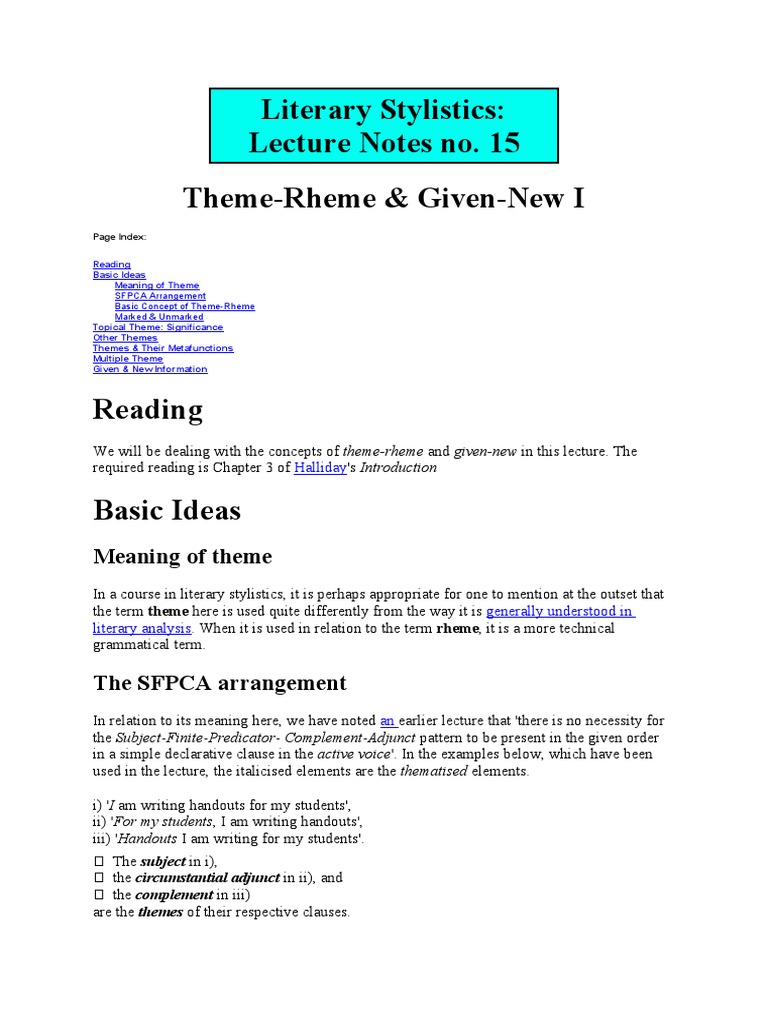 Literary Stylistics Theme Rheme and New Information | PDF | Clause ... Literary Stylistics Theme Rheme and New Information | PDF | Clause ...
