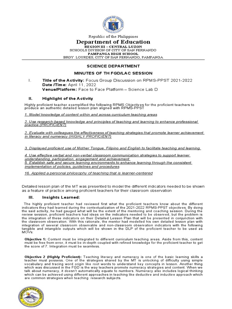 Minutes of The FGD Objective 1-5, 16 | PDF | Teachers | Learning